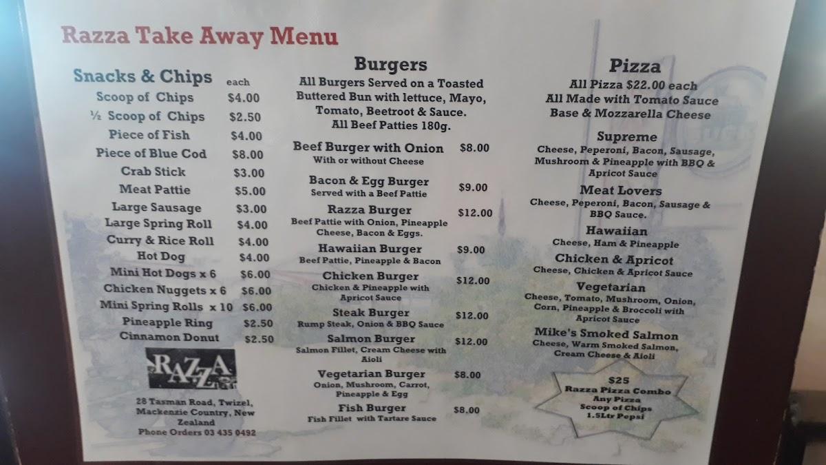 Menu at Razza Bar, Twizel