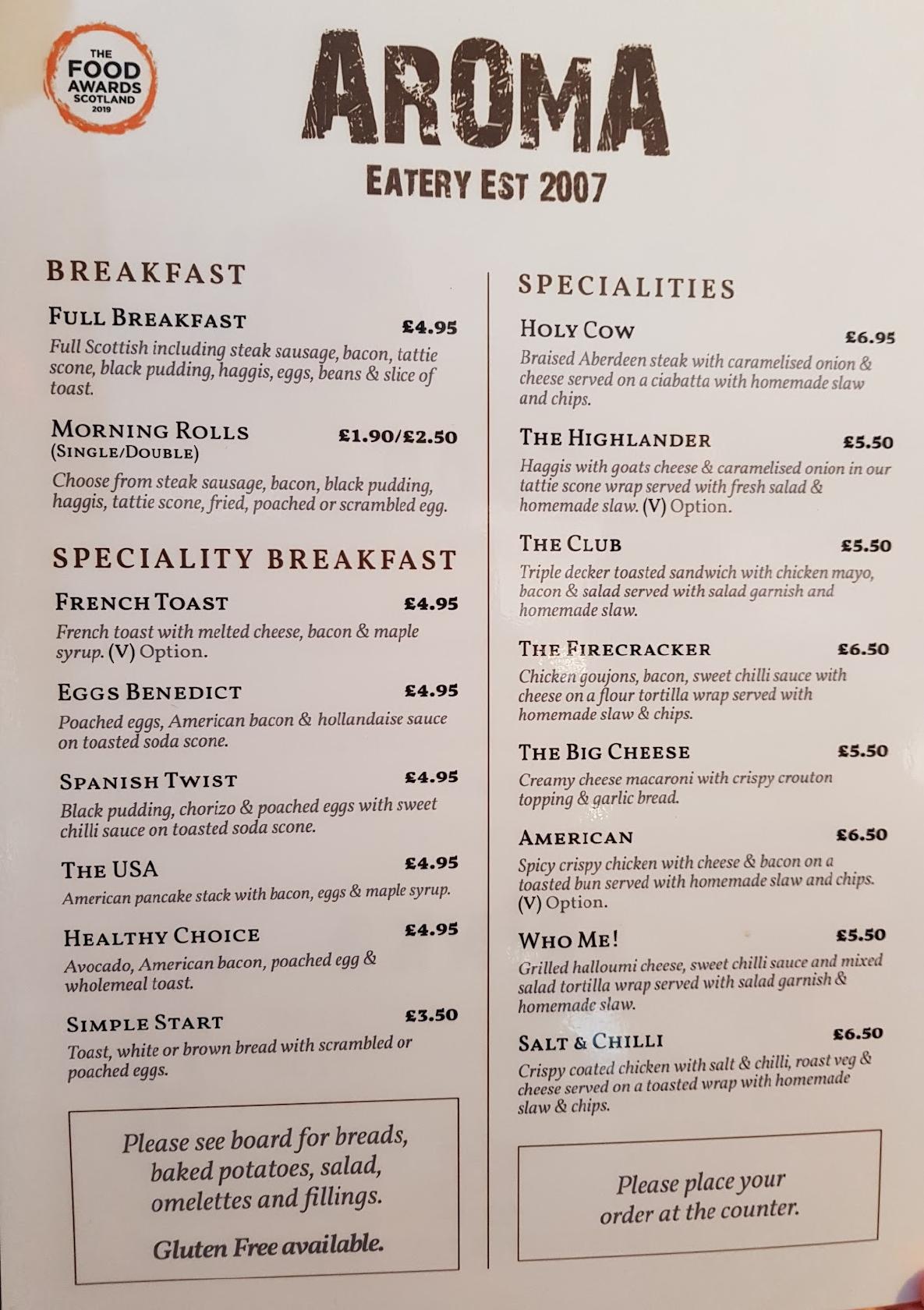 Menu at Aroma wellness cafe, Larkhall