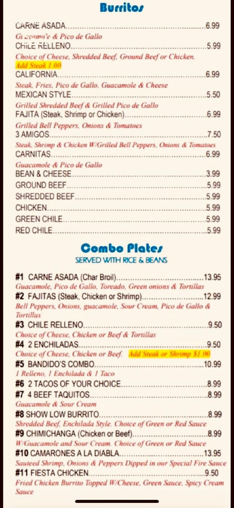 Menu at Bandido's Mexican Food restaurant, Show Low