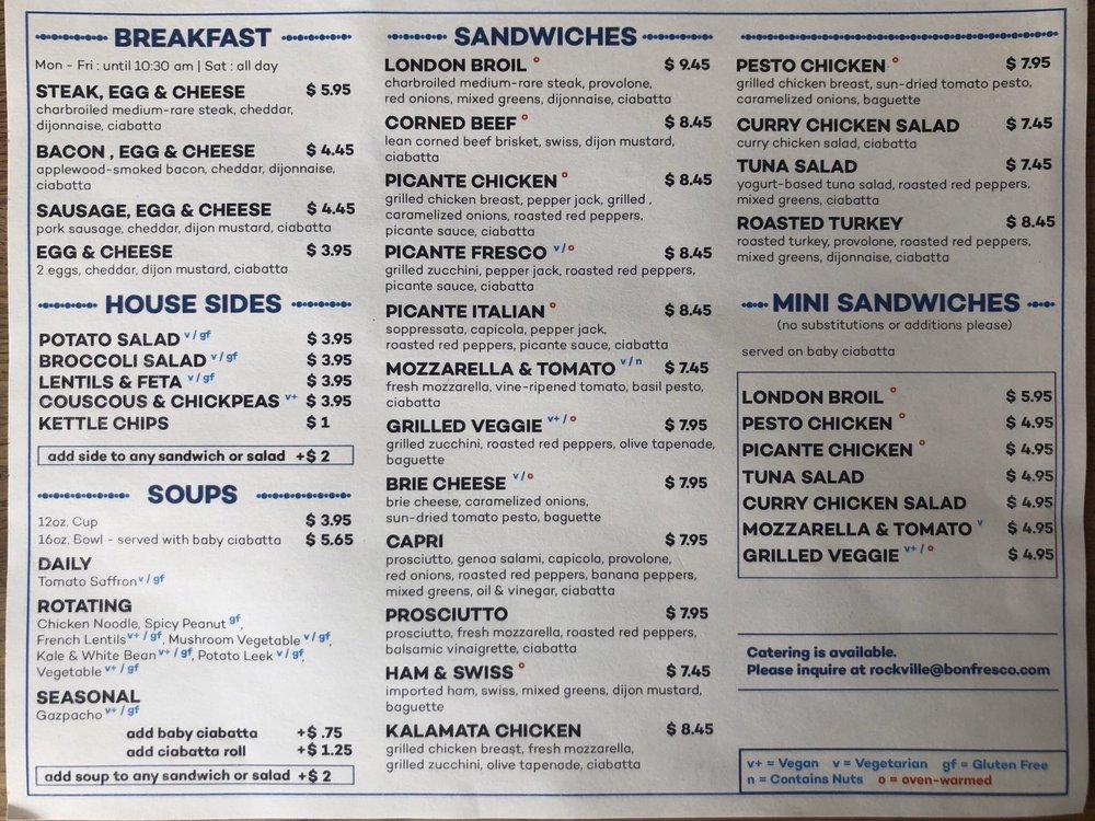 Menu at Bon Fresco restaurant, Rockville