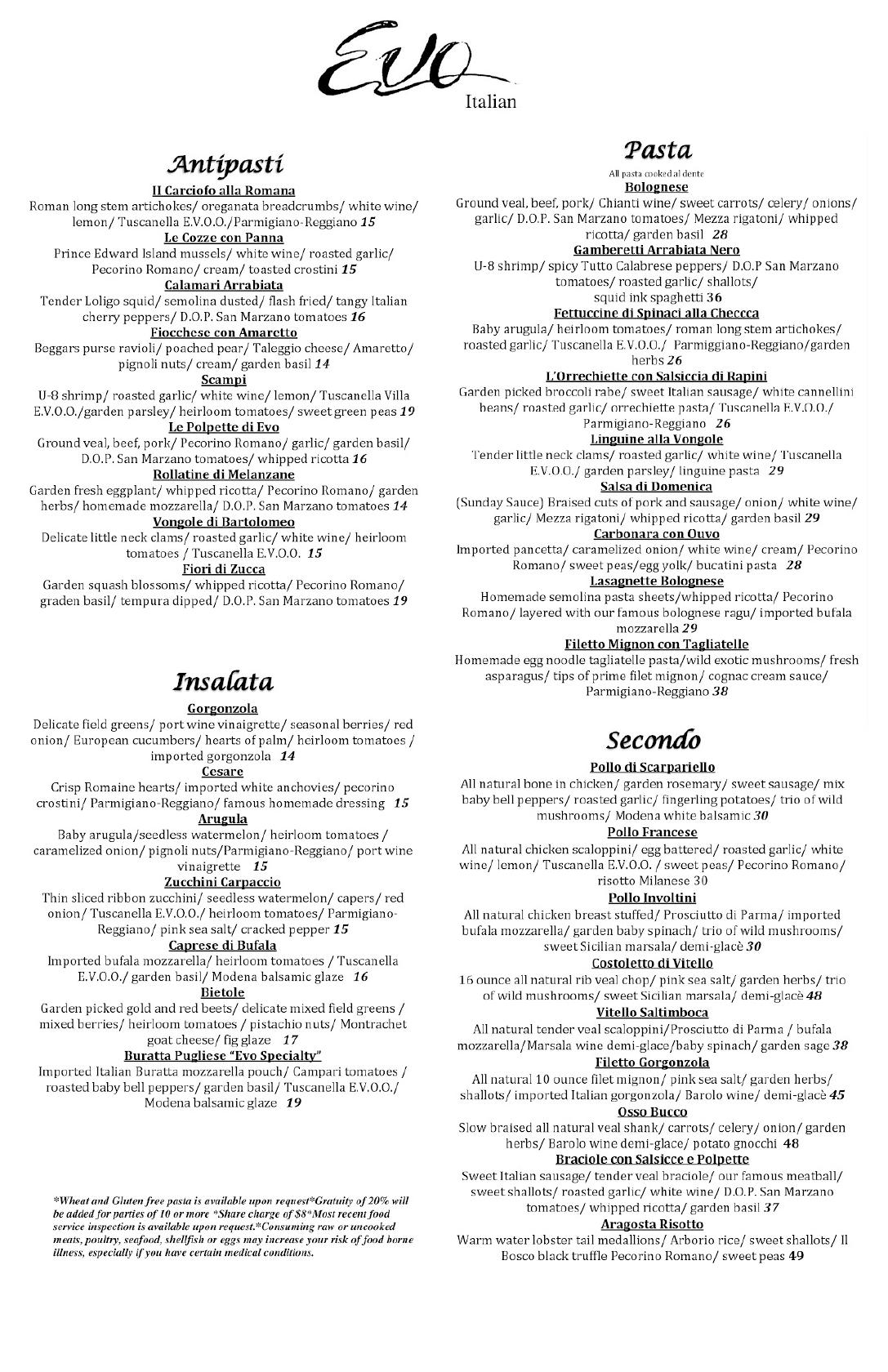 Menu at Evo Italian restaurant, Tequesta