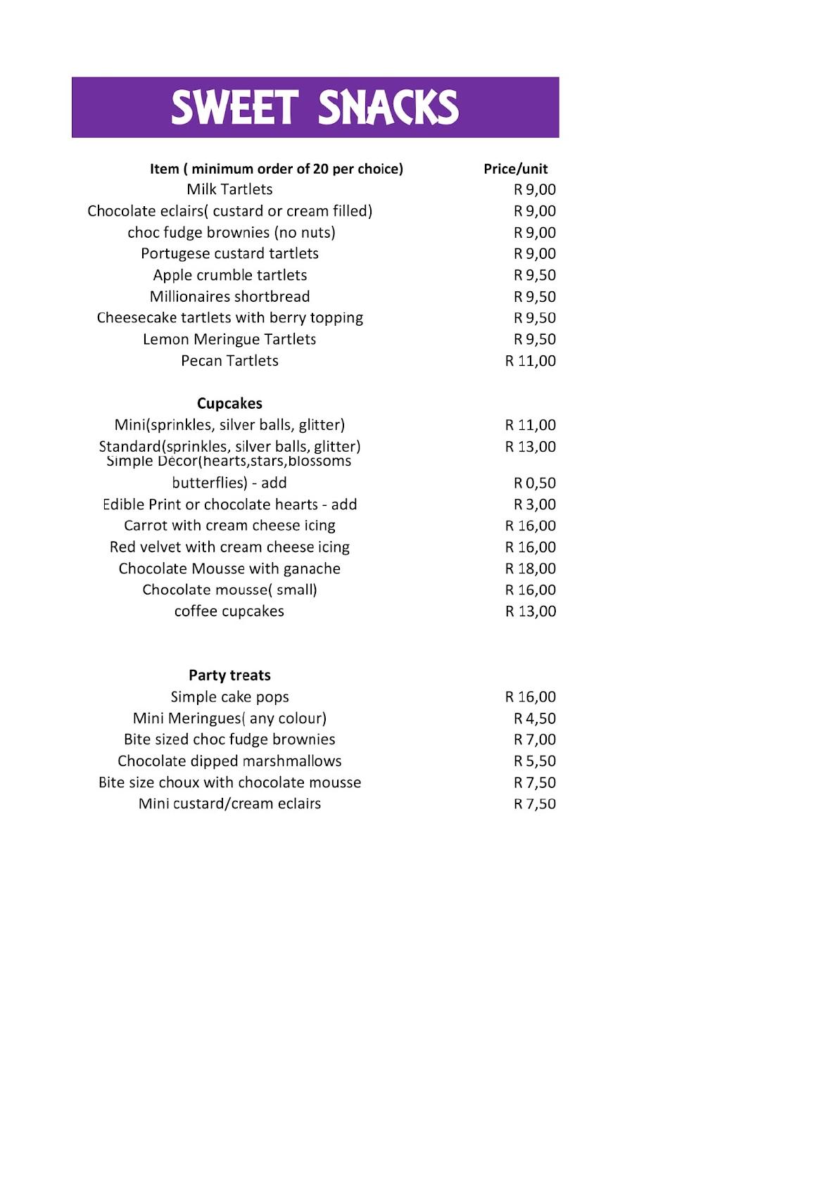 Menu at Freya's Speciality Cakes bakery, Cape Town