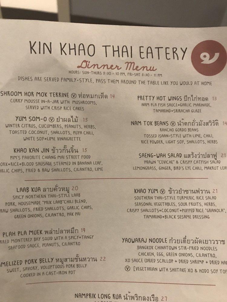 Menu at Kin Khao restaurant, San Francisco