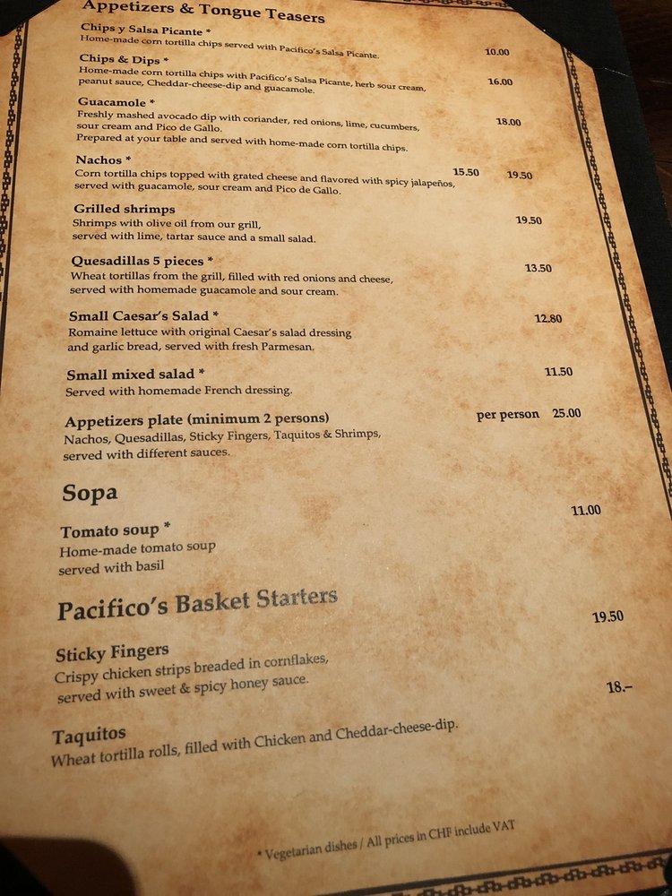 Speisekarte von Pacifico, Luzern