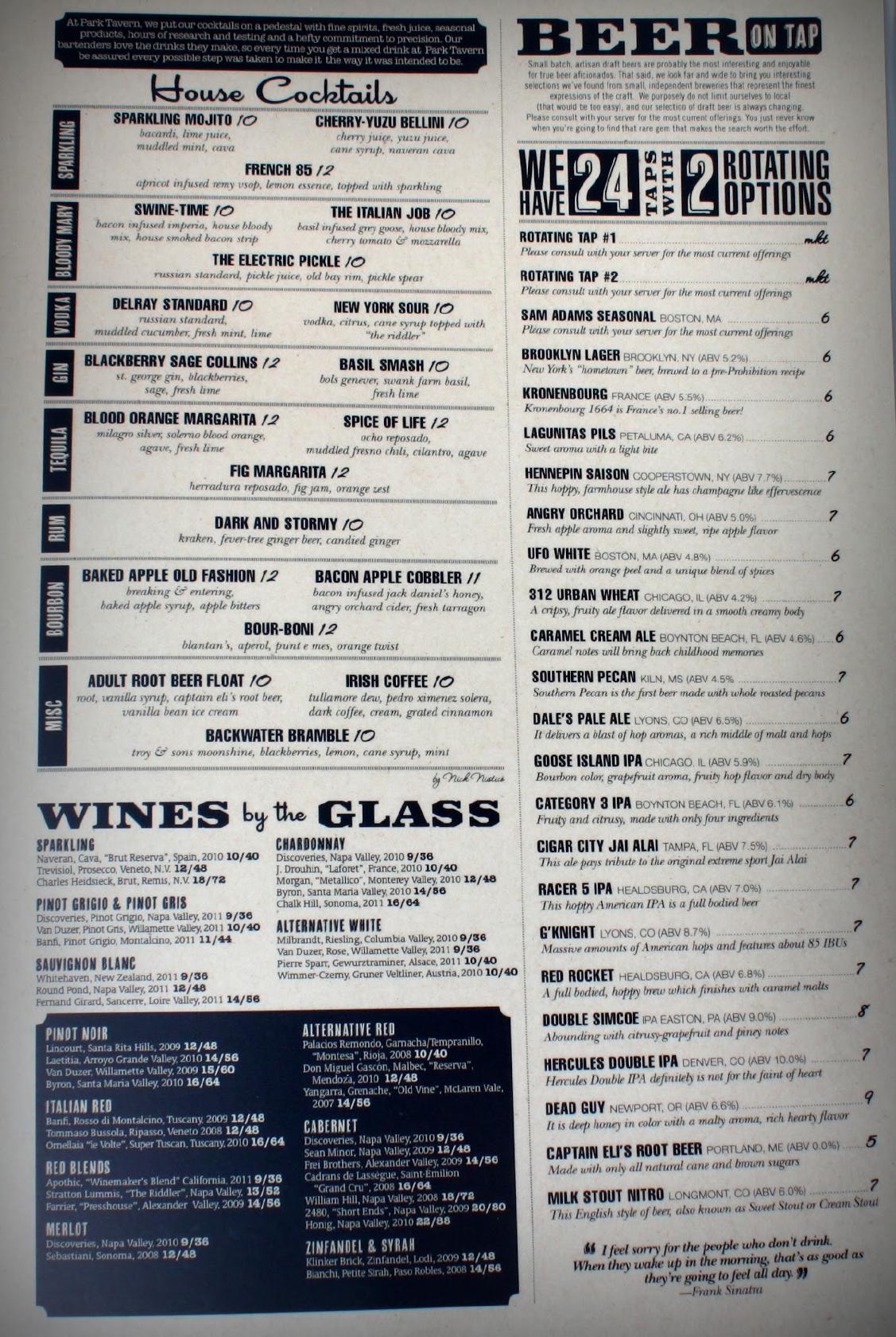 Menu at Park Tavern pub & bar, Delray Beach