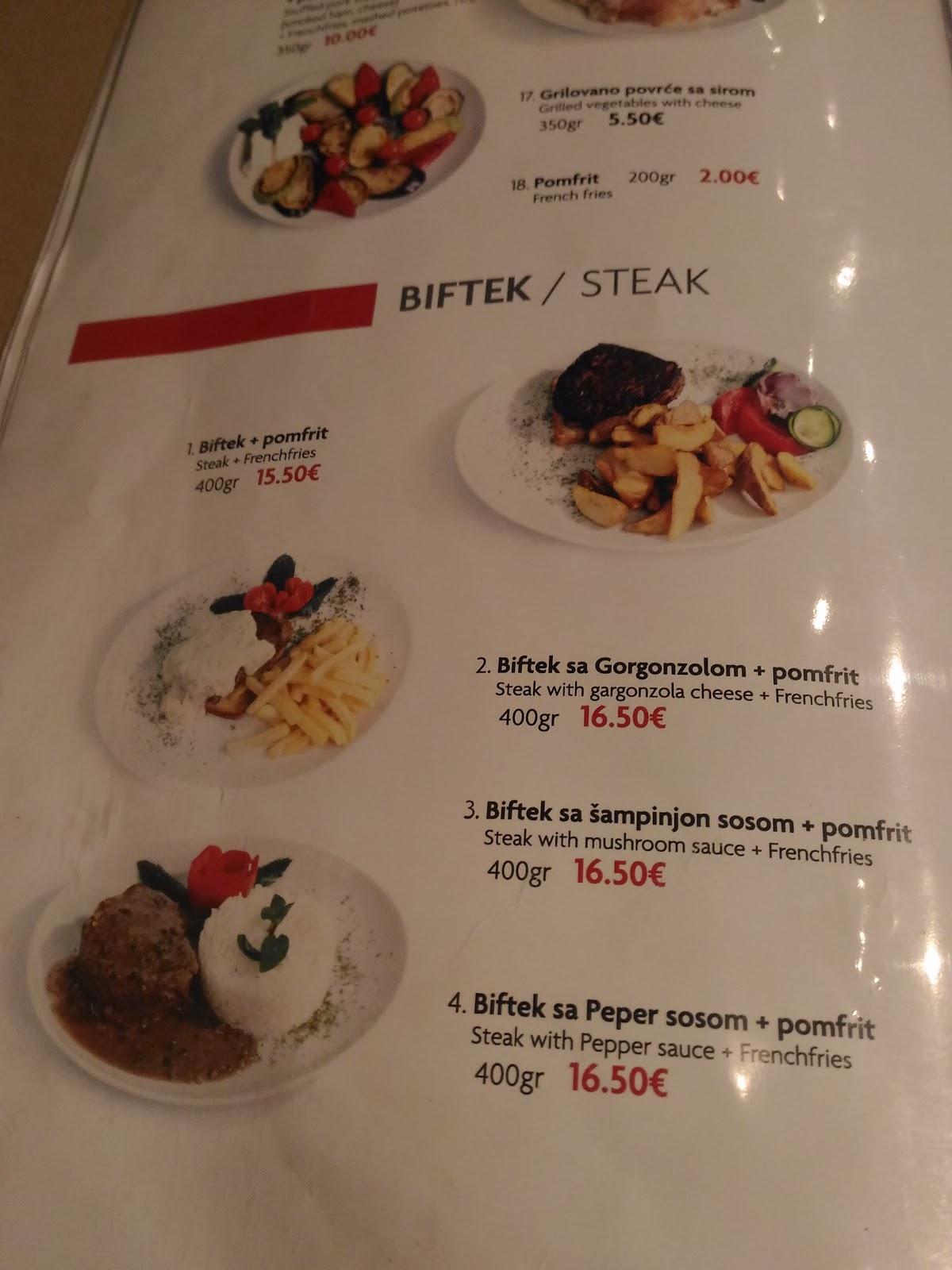 Menu at Recoleta restaurant, Tivat