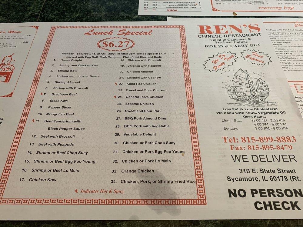 Menu at Ren's Chinese Restaurant, Sycamore, 310 E State St
