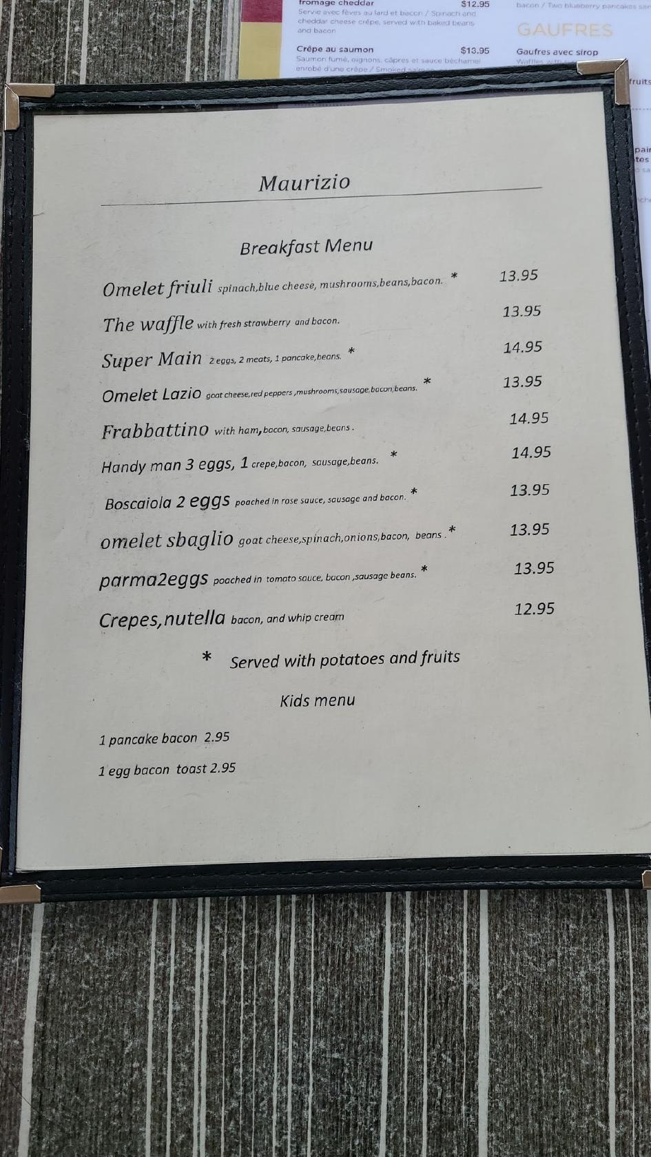Menu au Café Maurizio, Kirkland, Saint-Charles Blvd