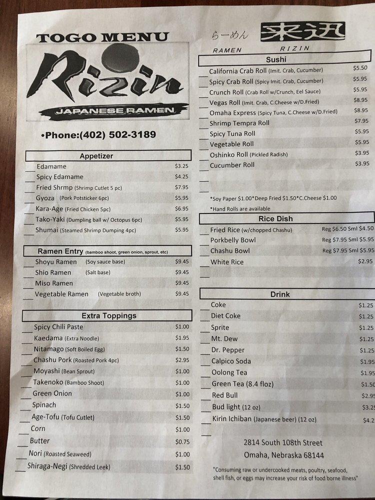 Menu at Rizin Japanese Ramen (来迅 ライジン) restaurant, Omaha