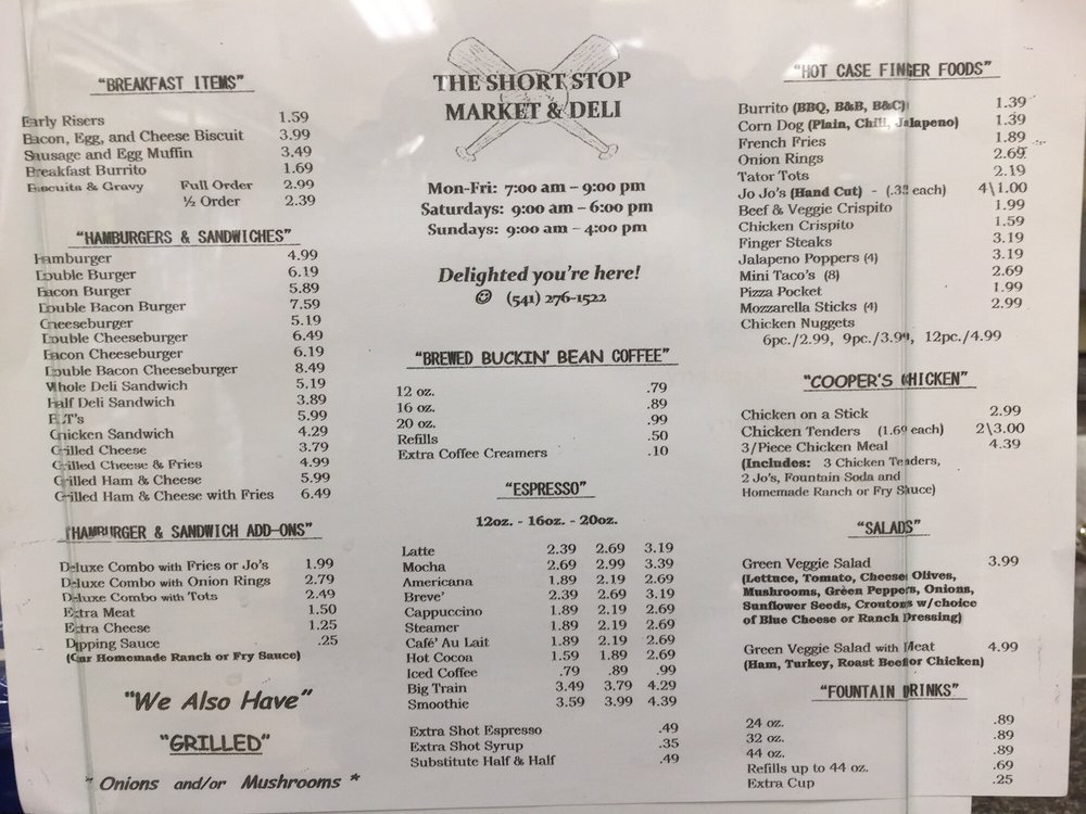 Menu at The Short Stop Market and Deli, Pendleton