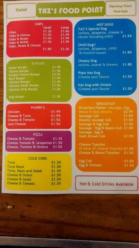 Menu at Taz's Food Point restaurant, Leicester
