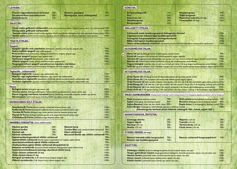 Menu at Toscana restaurant, Dunaújváros