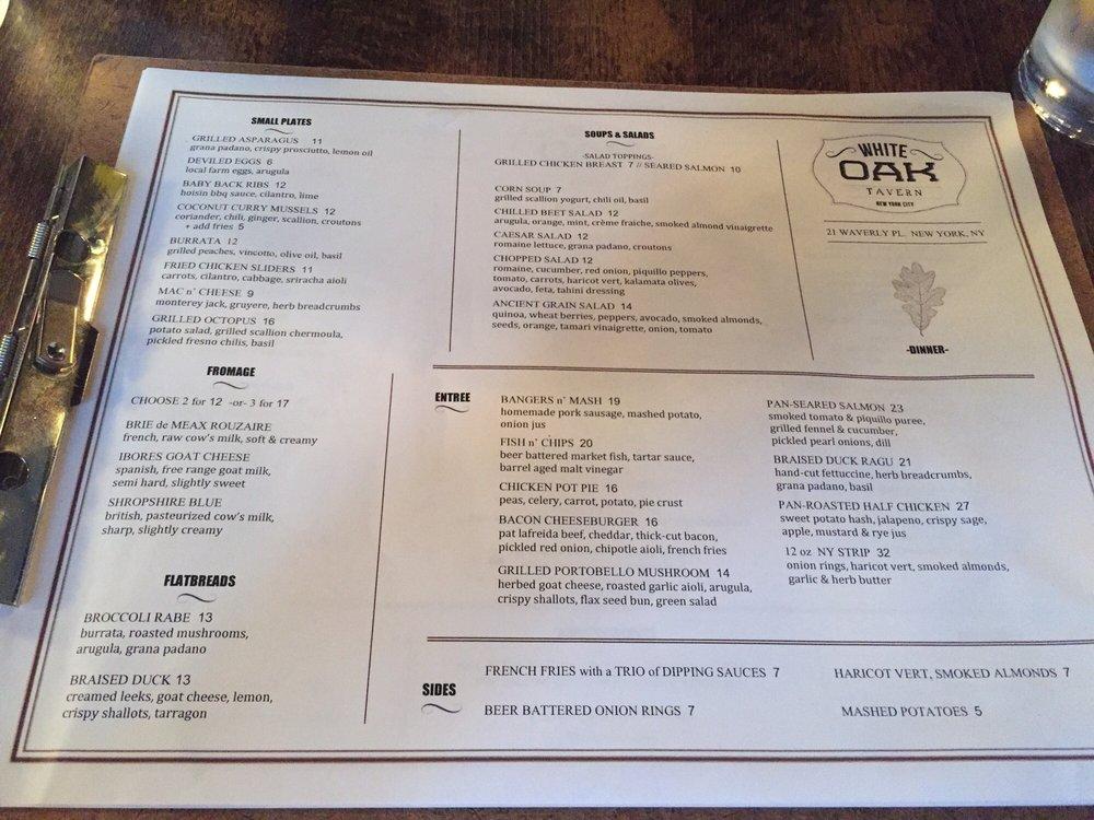 Menu at White Oak Tavern pub & bar, New York City