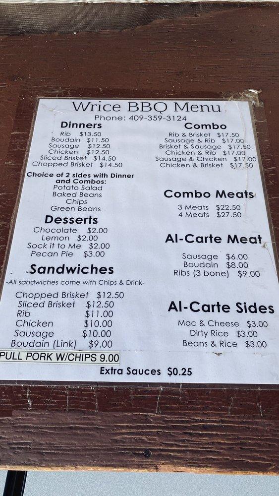 Menu at Wrice BBQ, Texas City
