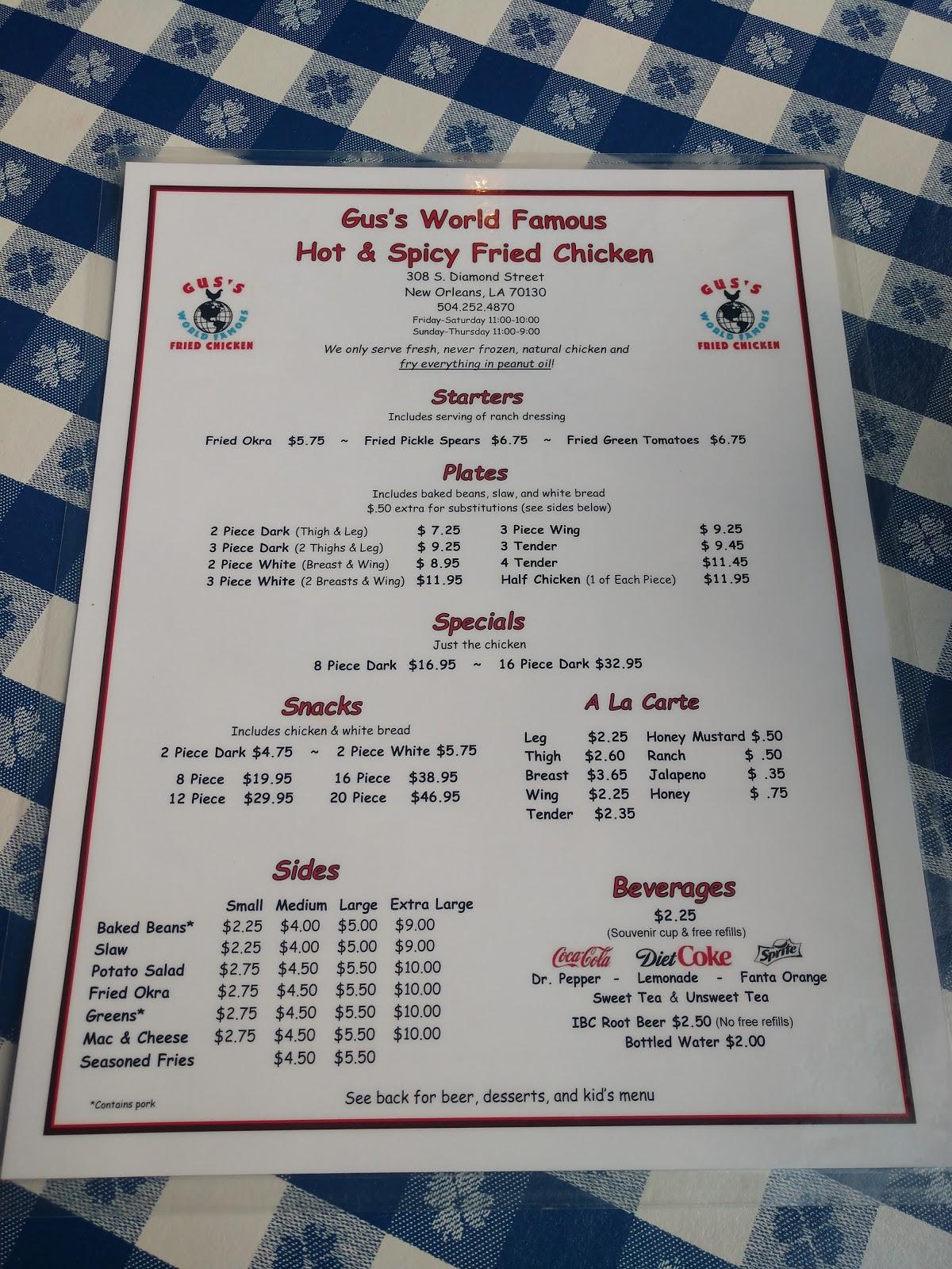 Menu at Gus’s World Famous Fried Chicken restaurant, New Orleans