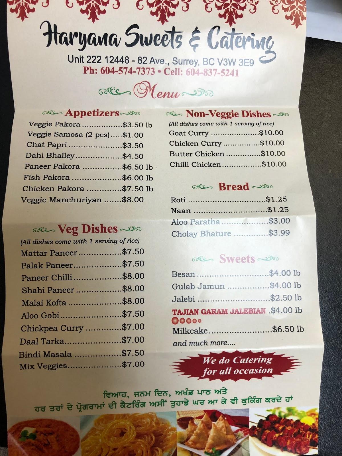 Menu at Haryana Sweets And Catering Services. restaurant, Surrey