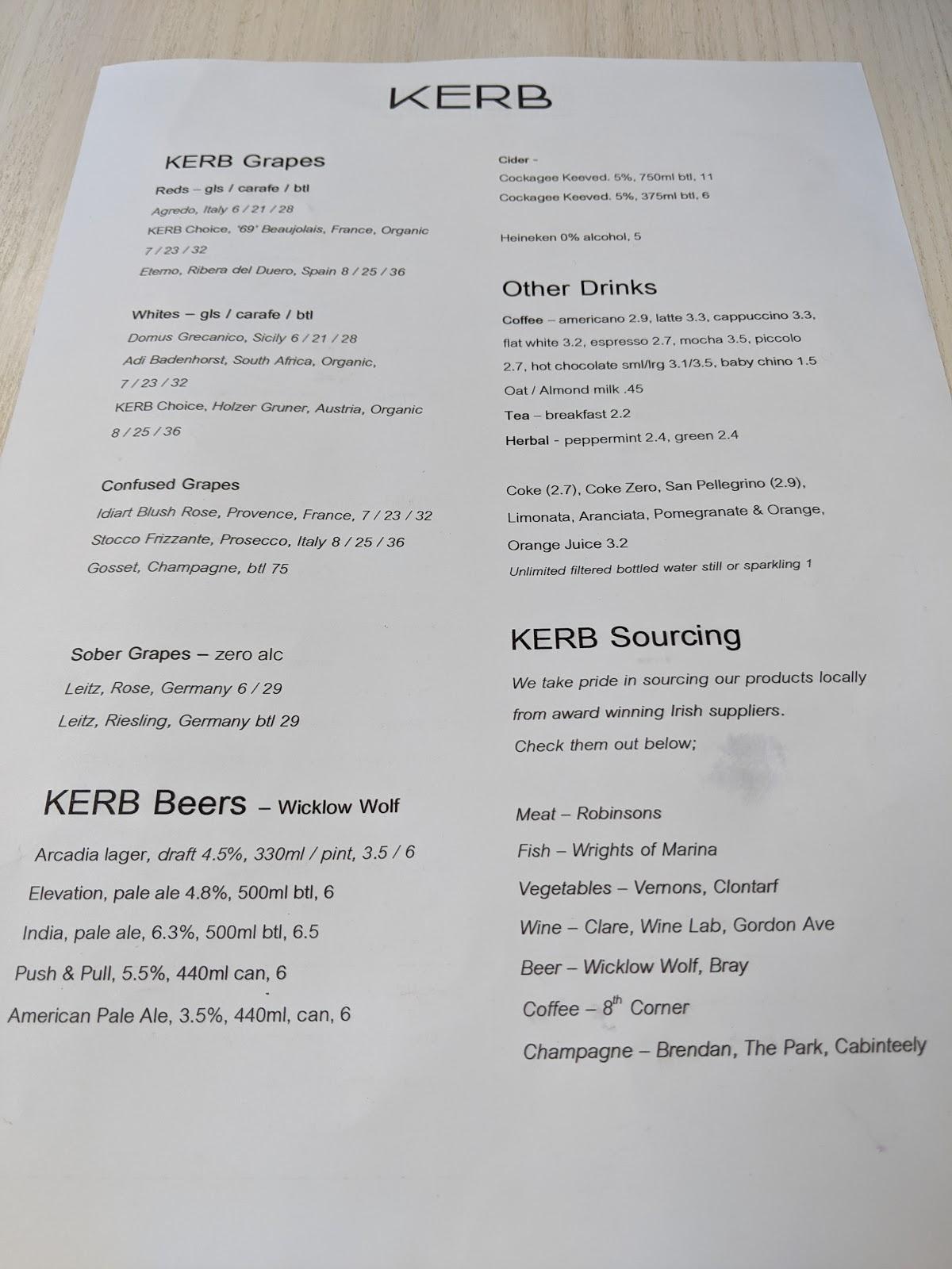 Menu at KERB RESTAURANT, Dublin