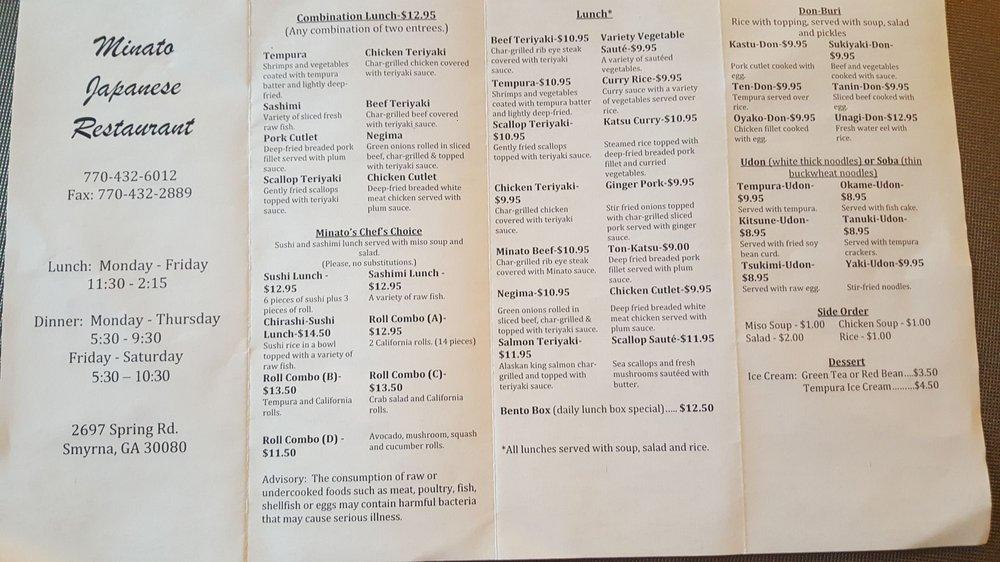 Menu at Minato Japanese Restaurant, Smyrna