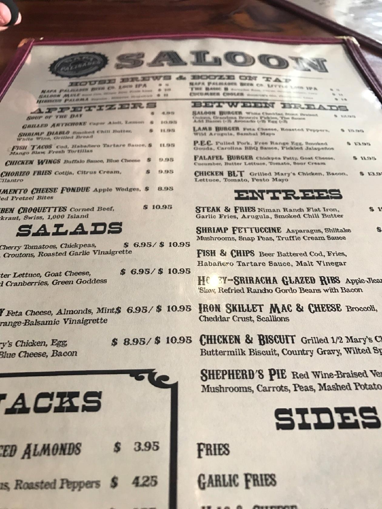 Menu at Napa Palisades Saloon pub & bar, Napa, Main St #100
