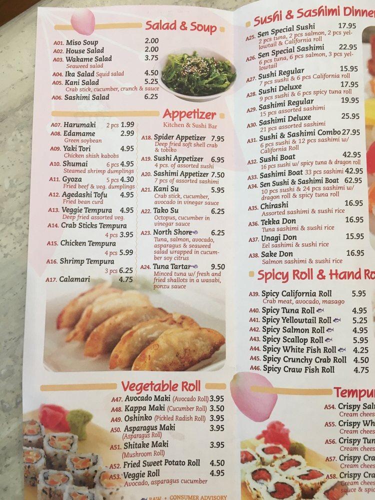 Menu at Sen Sushi and Hibachi Grill restaurant, Arlington