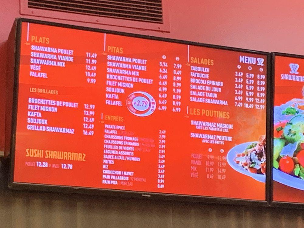 Menu au Shawarmaz restaurant, Montréal