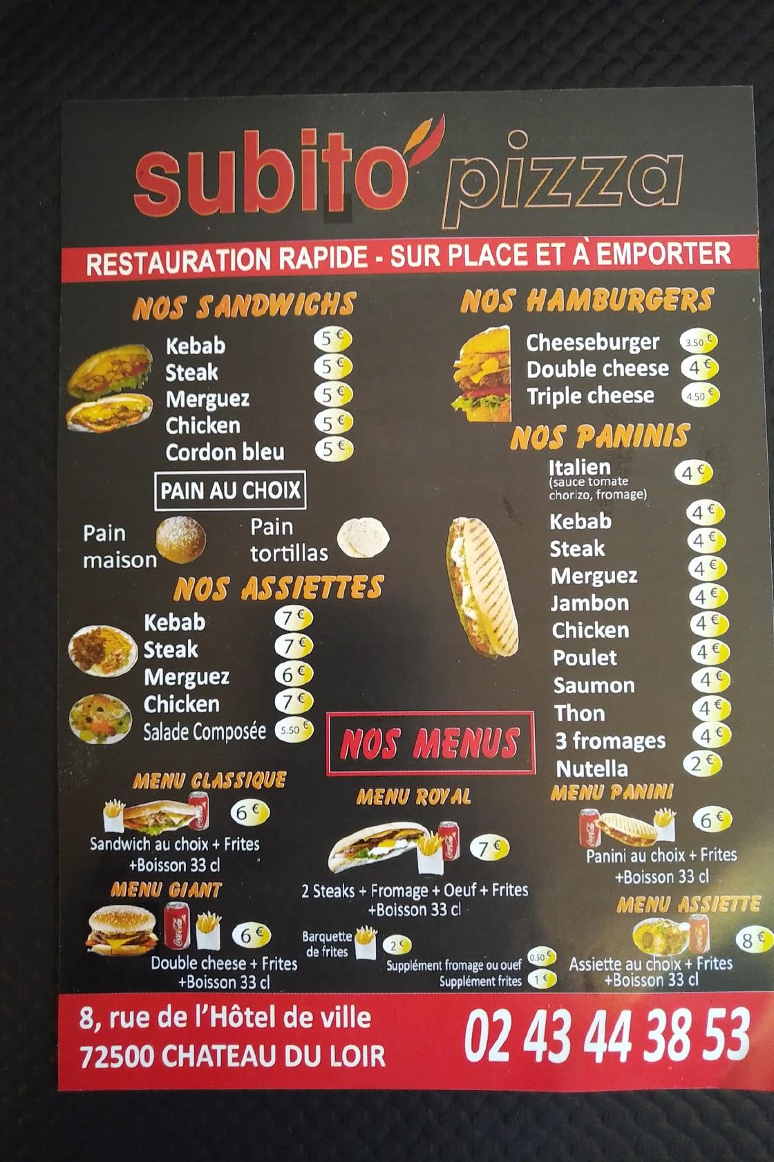 Menu au Subito Pizza restaurant, Château-du-Loir
