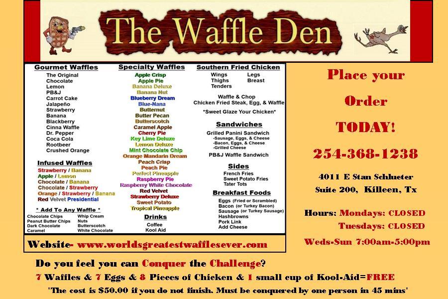 Menu at The Waffle Den restaurant, Killeen, E Stan Schlueter Loop