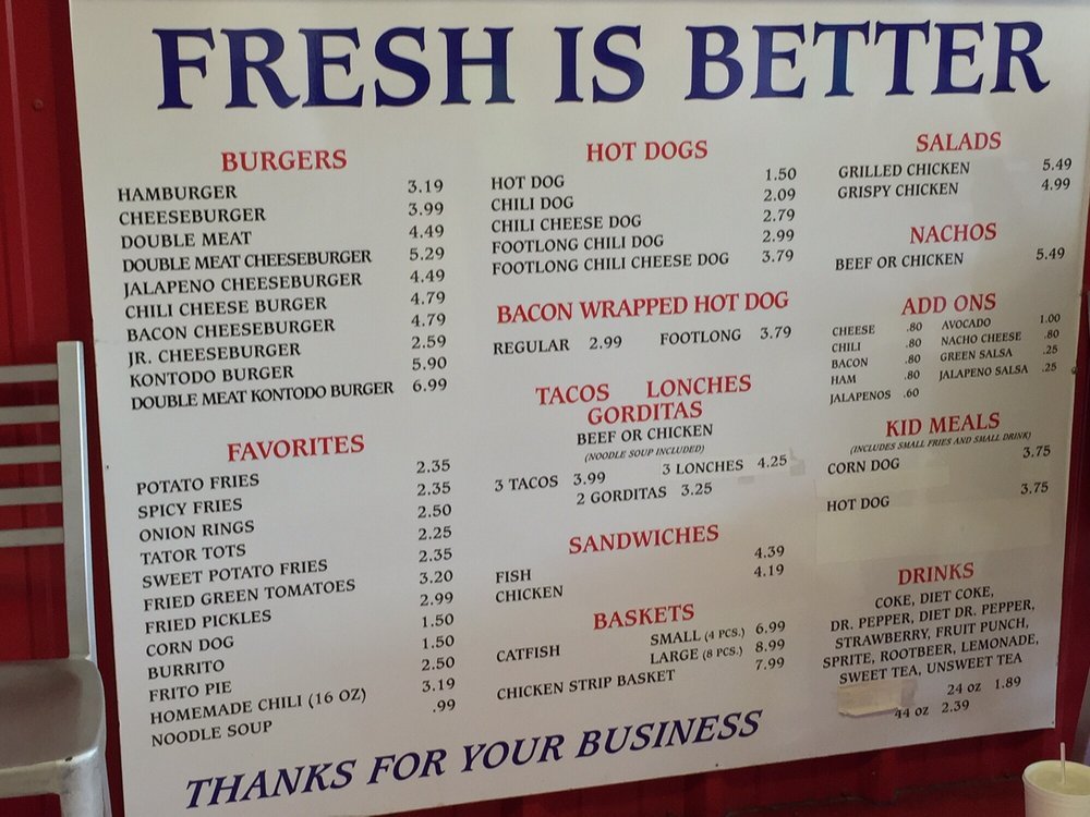 Menu at Zesty Burger fast food, Lufkin
