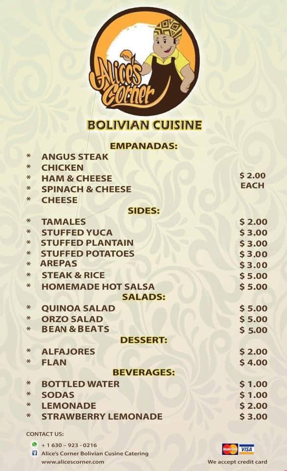 Menu at Alice's Corner Bolivian Cuisine restaurant, Aurora