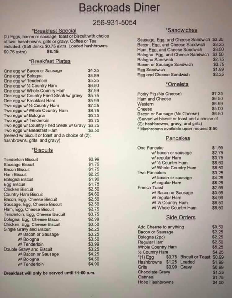 Menu at Backroads Diner BBQ, Arab