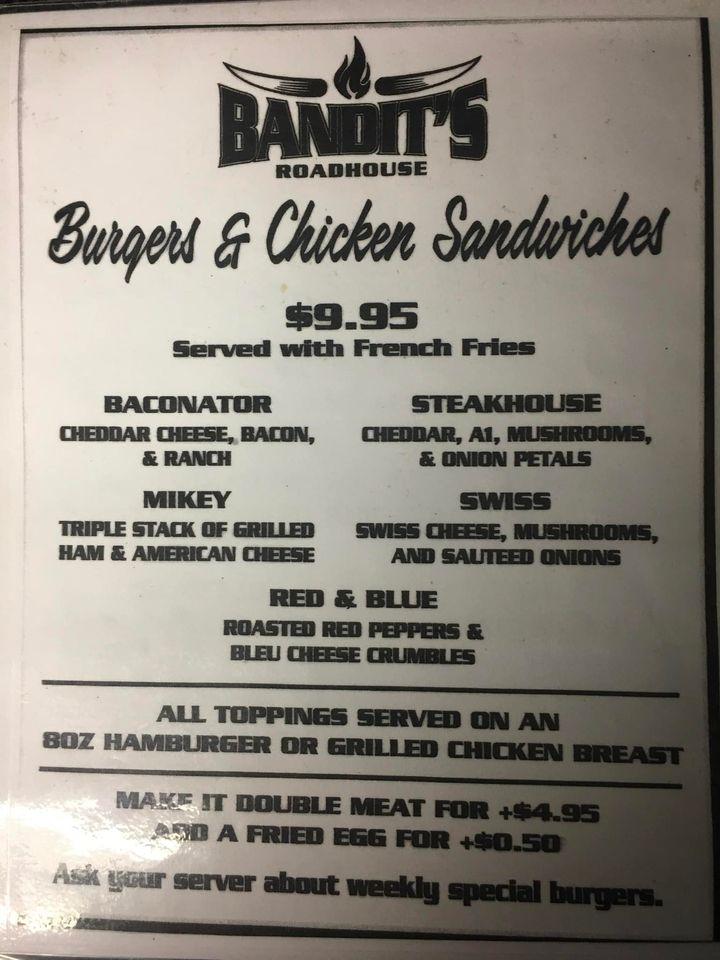 Menu at Bandit's Roadhouse pub & bar, Berwick