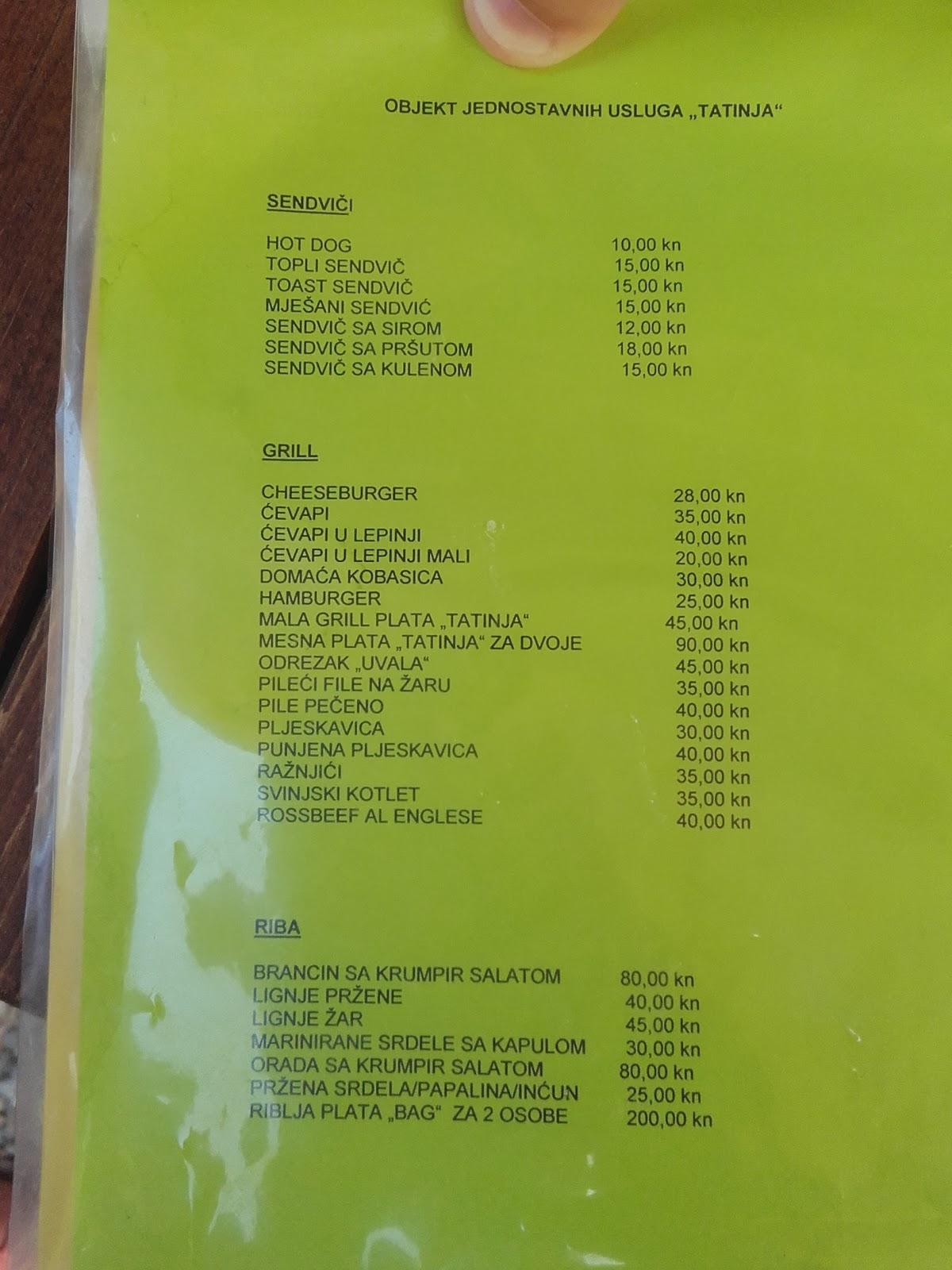 Menu da Beach bar Tatinja, Carlopago