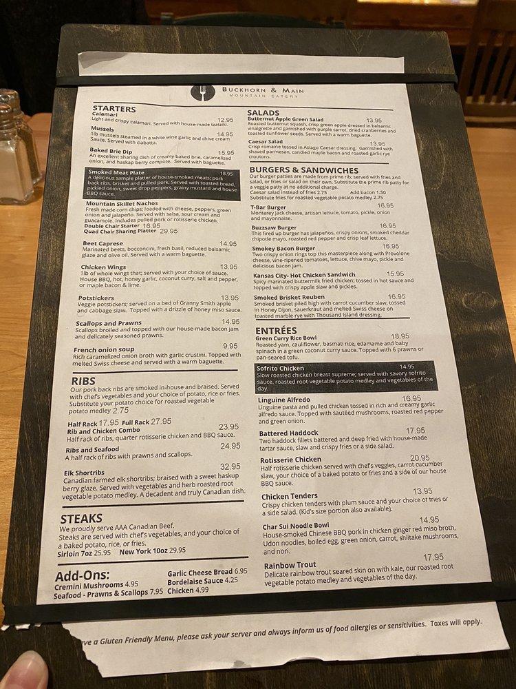 Menu at Buckhorn & Main Mountain Eatery pub & bar, Kimberley
