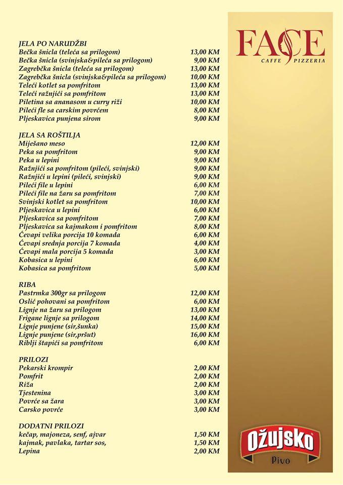 Menu at FACE Pizzeria & Restaurant, Žepče