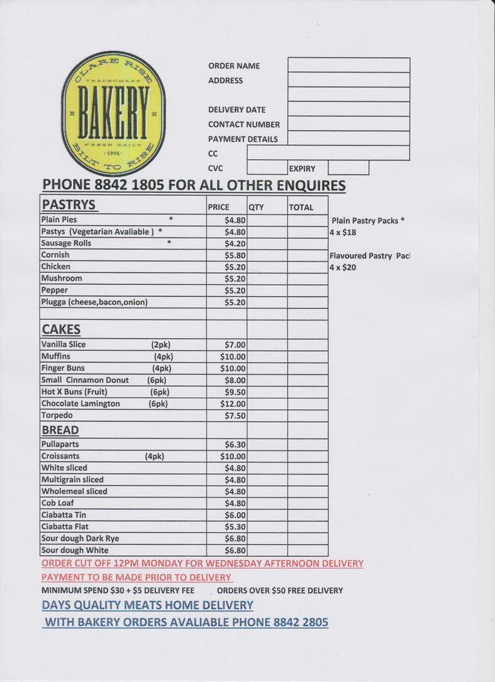 Menu at Clare Rise Bakery, Clare