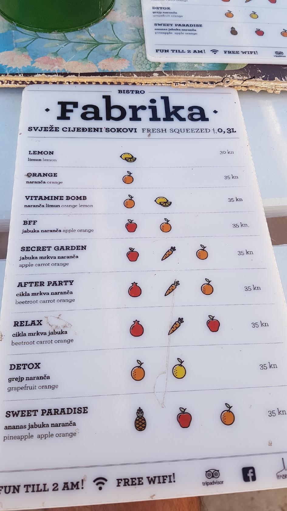 Menu at Fabrika bistro restaurant, Komiža