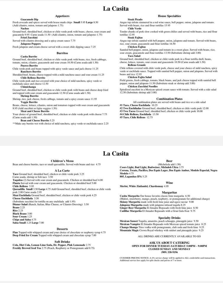 Menu at La Casita Crestline restaurant, Crestline