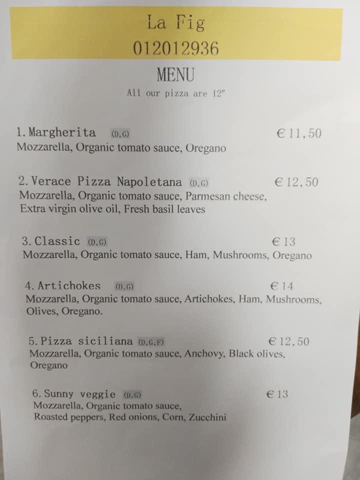 Menu at La Fig pizzeria, Roundwood