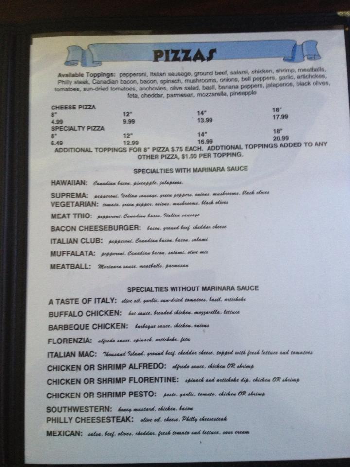 Menu at Mariano's Italian Eatery restaurant, Luling, US-90