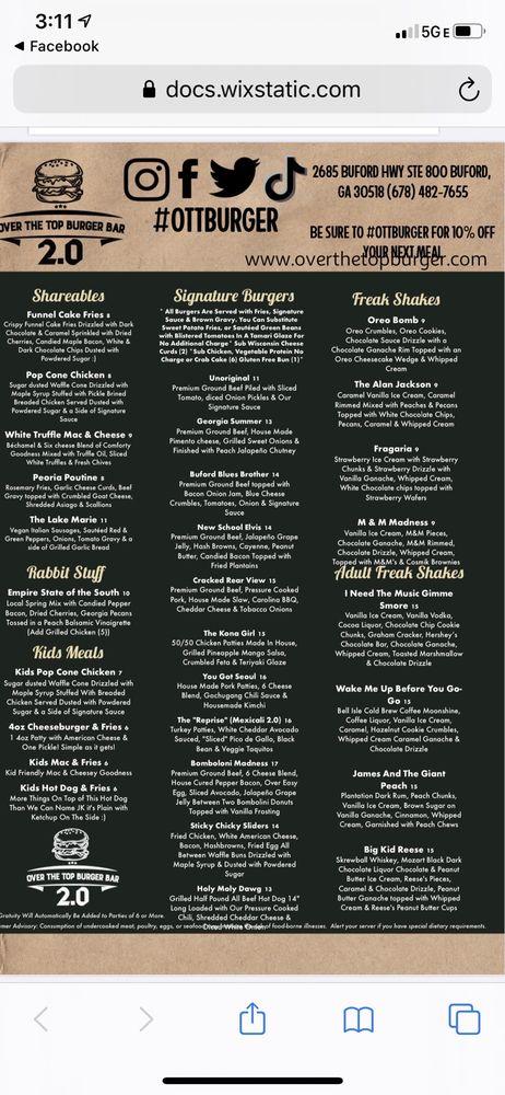 Menu at Over The Top Burger Bar, Buford
