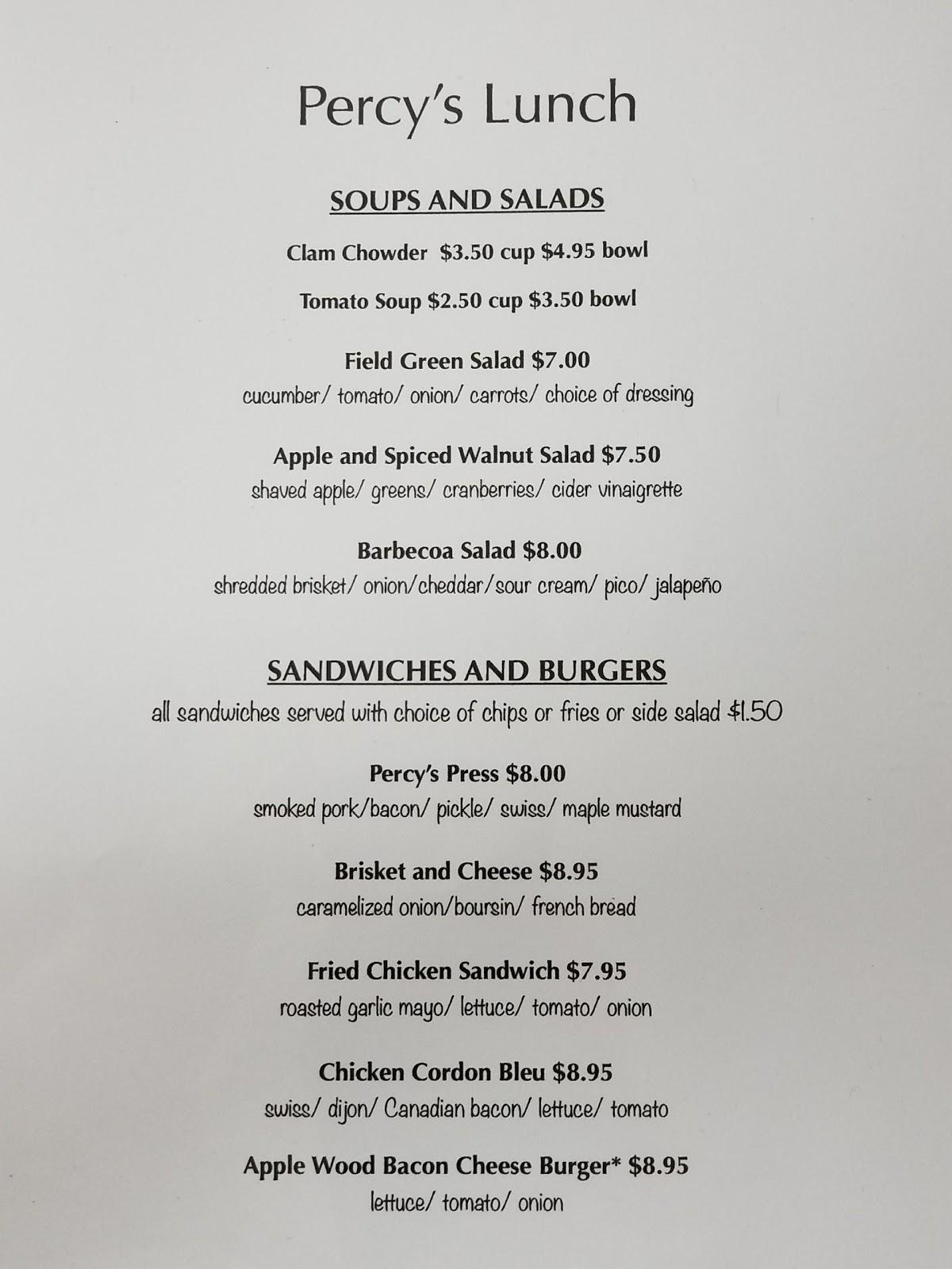 Menu at Percy's Table restaurant, Standish