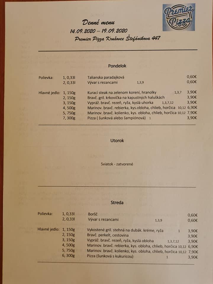 Menu at Reštaurácia - Premier Pizza Krušovce restaurant, Topoľčany