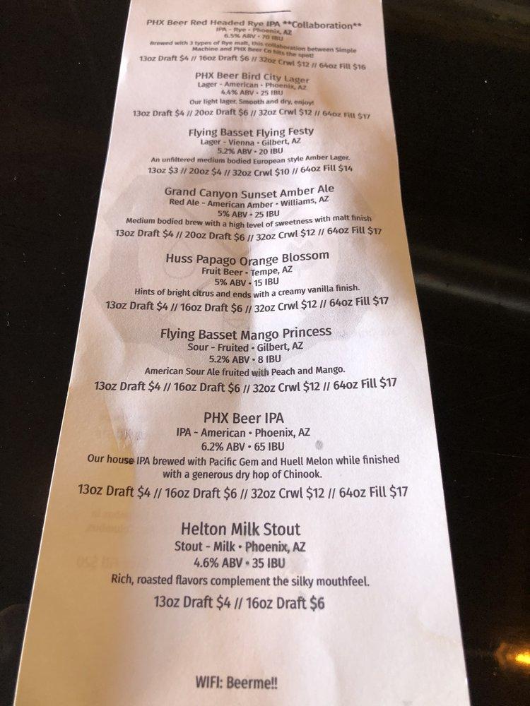 Menu at Simple Machine Brewing Company, Phoenix