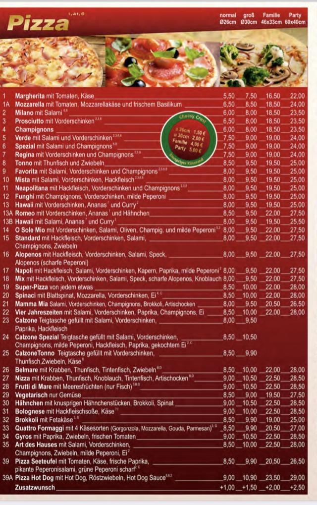 Menu at Super pizza service, Vetschau