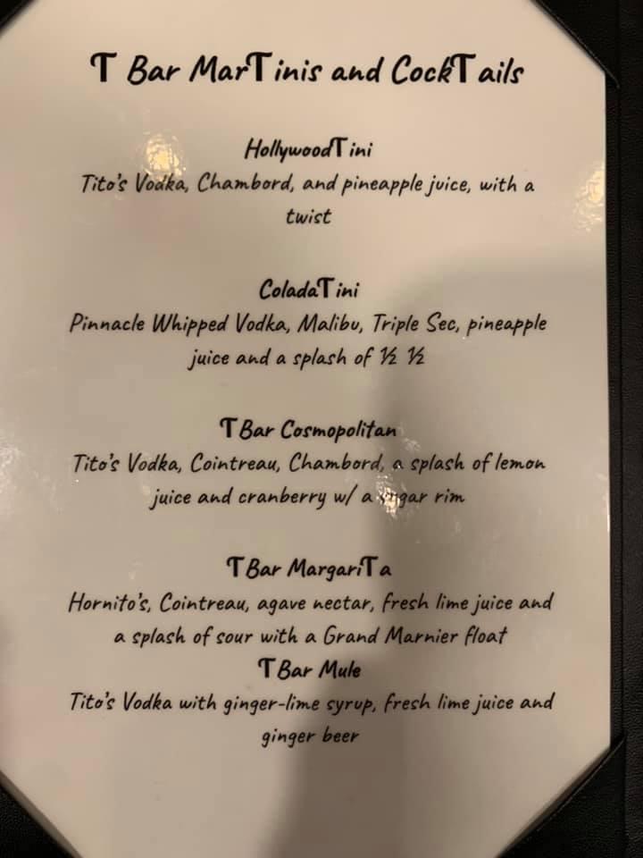Menu at TBar, Newport