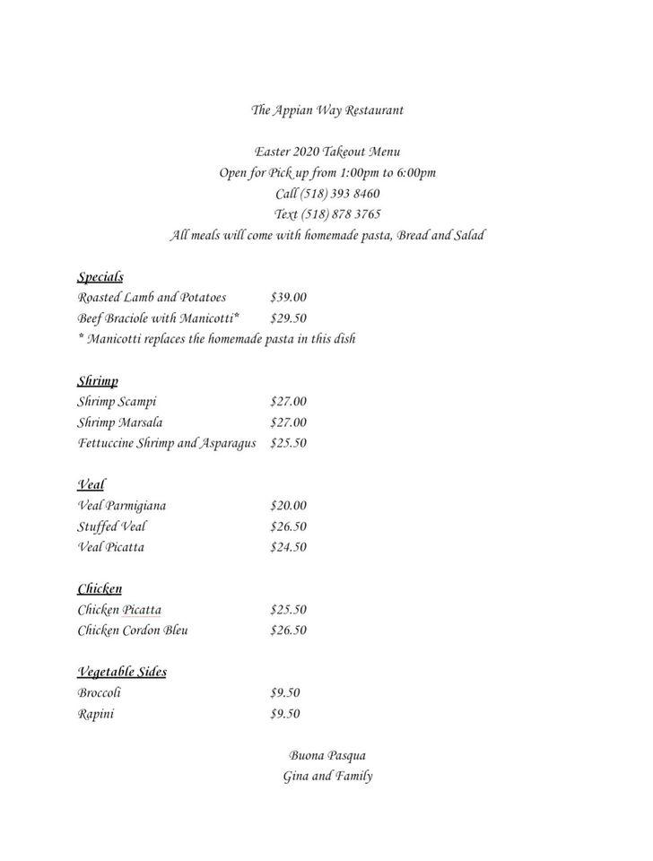 Menu at The Appian Way restaurant, Schenectady