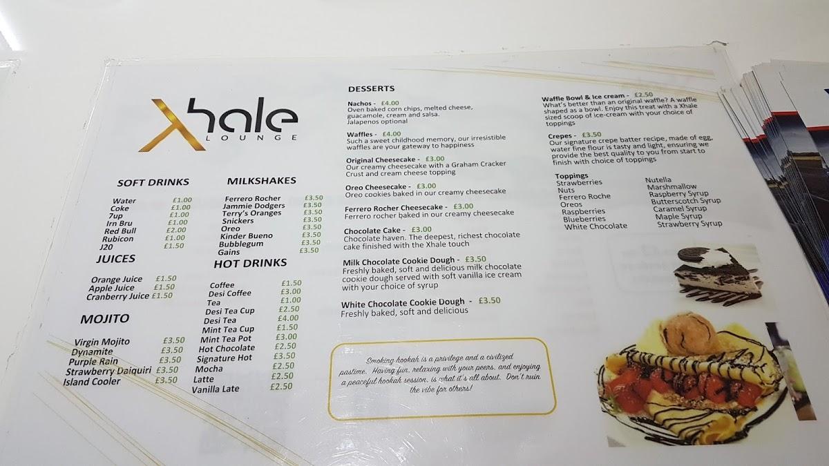 Menu at The Xhale Lounge cafe, Bolton