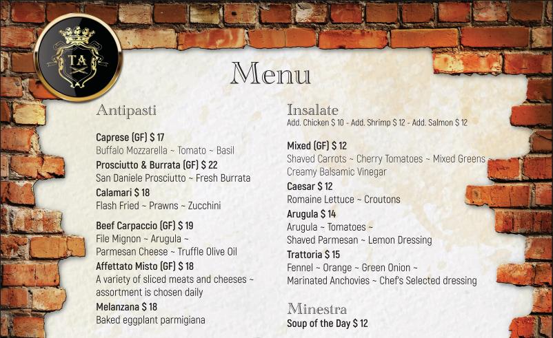 Menu at Trattoria Angela Naples restaurant, Naples