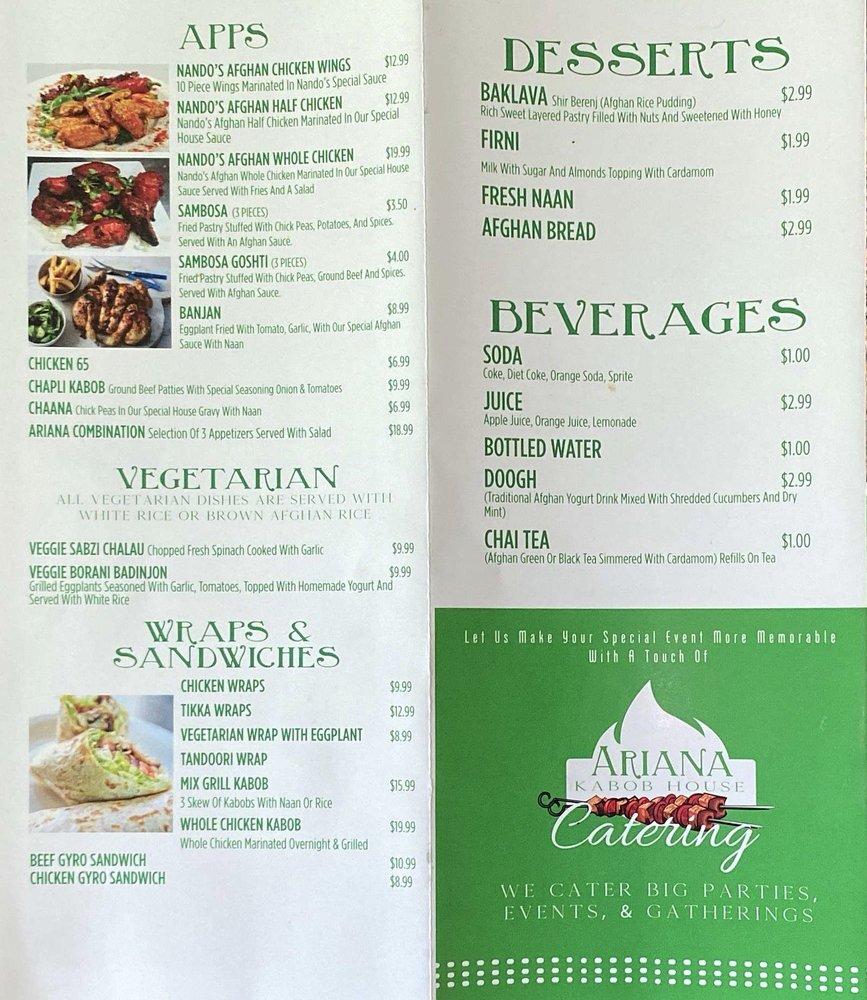 Menu at Ariana Kabob House restaurant, Duluth