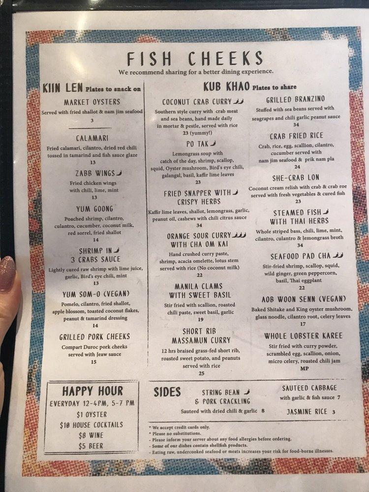 Menu at Fish Cheeks restaurant, New York City, 55 Bond St